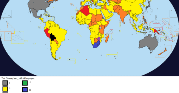Map Of The Number Of Official Languages Per Country - MoverDB.com